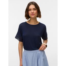 V&eacute;ro Moda Kurzarmshirt VERO MODA "VMGINA SS LACE TOP JRS", Damen, Gr. S, navy blazer, Jersey, Obermaterial: 51% Viskose, 37% Polyester, 8% Leinen, 4% Elasthan, unifarben, normal, Rundhals, Shirts, Viskosemischung