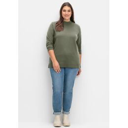 Strickpullover sheego "Strickpullover", Damen, Gr. 52/54, khaki, 50% Viskose, 26% Polyamid, 24% Polyester, unifarben, Pullover Strickpullover