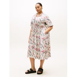 Midikleid Tommy Hilfiger Curve "CRV LINEN MIDI SHIRT DRESS SS", Damen, Gr. 52, N-Gr, leopard baroque rwb, Web, Obermaterial: 100% Leinen, bedruckt, relaxed fit Midi, Rundhals, Umschlagsaum, Kleider Midikleid, in gro&szlig;en Gr&ouml;&szlig;en, Taille mit Bindeband