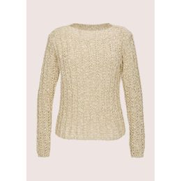 Madeleine Mode Longpullover MADELEINE "Strickpullover Baumwollpullover mit Rippenmuster", Damen, Gr. 36/38, wei&szlig; (perlwei&szlig;, beige, goldfarben), Obermaterial: 80% Baumwolle CO. 10% Polyamid PA. 10% Polyester PES., Modern, U-Boot-Ausschnitt, Pullover Longpullover, Durchbrochenes Rippenmuster