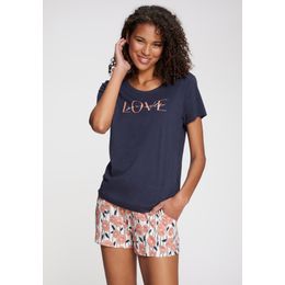 Shorty Vivance Dreams, Damen, Gr. 40/42, dunkelblau, orange, gebl&uuml;mt, Single Jersey, Obermaterial: 50% Baumwolle, 50% Viskose, bequem kurz, Rundhals, Homewear-Sets Shorty, mit sch&ouml;nem Frontprint