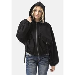 Cipo & Baxx Sweatjacke CIPO & BAXX "WL368", Damen, Gr. M, schwarz, 80% Baumwolle, 15% Polyester, 5% Elasthan, unifarben, kurz, Rundhals, Raglan&auml;rmel Rippb&uuml;ndchen, Sweatjacken Sweatjacke, oversized Schnitt, Kapuze mit Kordelzug
