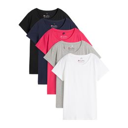 T-Shirt bonprix "Rundhals-Shirt, Kurzarm (5er Pack)", Damen, Gr. 40/42 (M), hibiskuspink, hellgrau meliert, wei&szlig;, dunkelblau, schwarz, Jersey, Obermaterial: 90% Baumwolle, 10% Viskose, unifarben, Basic, Basic h&uuml;ftbedeckend, Rundhals, Shirts T-Shirt, Rundhals-Ausschnitt, mit kurzem Arm