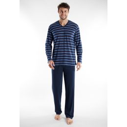 G&ouml;tzburg Pyjama G&Ouml;TZBURG "Midtown", Herren, Gr. 48, blau, mittel, ringel, Single Jersey, Obermaterial: 60% Baumwolle, 40% Polyester, bequem lang, V-Ausschnitt, gerader Abschluss, Homewear-Sets Pyjama, gestreift, V-Ausschnitt, lang, Baumwollmix