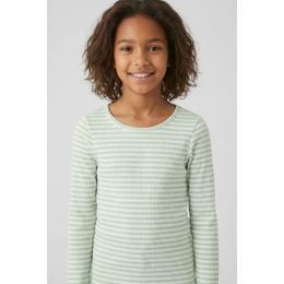 Langarmshirt name it "NKFSURAJA XSL LS TOP NOOS", M&auml;dchen, Gr. 122/128, aqua foam, Jersey, Obermaterial: 95% Baumwolle, 5% Elasthan, geringelt, gestreift, slim fit h&uuml;ftbedeckend, Rundhals, abgesteppte Kante, Shirts Langarmshirt, toller Ringel-Look in gerippter Qualit&auml;t