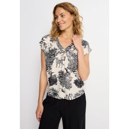 Schlupfbluse Lascana, Damen, Gr. 44, blau (schwarz, creme bedruckt), Web, Obermaterial: 100% Viskose, bedruckt, figurumspielend h&uuml;ftlang, V-Ausschnitt, Blusen Schlupfbluse, mit Alloverdruck und Kn&ouml;pfen, Kurzarmbluse, sommerlich