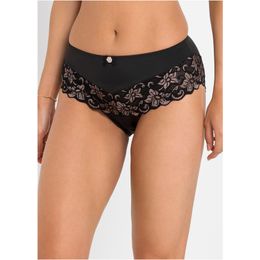 Maxislip bonprix "Maxislip mit zarter Spitze", Damen, Gr. 40/42 (M), schwarz (schwarz, kreidebeige), Obermaterial: 80% Polyamid, 20% Elasthan. Futter: 92% Polyamid, 8% Elasthan. Spitze: 90% Polyamid, 10% Elasthan, Unterhosen, mit zarter Spitze, aus Polyamid und Elasthan, bequeme Passform