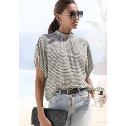 Kurzarmbluse Lascana, Damen, Gr. 44, beige (creme, schwarz bedruckt), Web, Obermaterial: 100% Viskose, bedruckt, figurumspielend h&uuml;ftlang, weit, Blusen, mit Alloverdruck, Damenbluse, sportlich elegant, Topseller