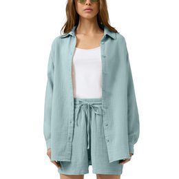 Langarmbluse QS, Damen, Gr. 36, blau (sage gr&uuml;n), Crash, Obermaterial: 100% Baumwolle, unifarben, l&auml;ssig geschnitten Po-bedeckend, Rundhals, 1-Knopf-Manschette, Blusen, Bluse extra lang, in Crashed-Optik