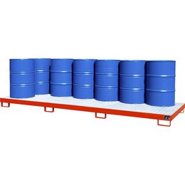 eurokraft pro Stahl-Auffangwanne, Auffangvolumen 333 l, f&uuml;r 12 x 200 l F&auml;sser, rot