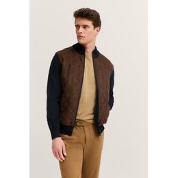 Strickjacke Bugatti "Regular Fit", Herren, Gr. XL, blau (390, marine), Samt, 100% Baumwolle, mehrfarbig, regular fit, ohne Ausschnitt, Rippb&uuml;ndchen, Strickjacken Strickjacke, mit Velour-Front & Stehkragen