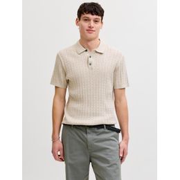 Jack & Jones Polokragenpullover JACK & JONES "JJEEMIL KNIT CABLE POLO SS LN", Herren, Gr. M, oatmeal detail:melange, Strick, Obermaterial: 60% Baumwolle, 20% Nylon, 20% Viskose, meliert, normal, Rundhals, Pullover, mit Polokragen