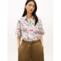 Kurzarmbluse Tommy Hilfiger "ESS LINEN SHORT SLEEVE SHIRT", Damen, Gr. XL (46), leopard baroque rwb, Web, Obermaterial: 100% Leinen, unifarben, gerade normal, V-Ausschnitt, abgesteppte Kante, Blusen, mit aufgesetzter Brusttasche und Flag-Stickerei, reines Leinen