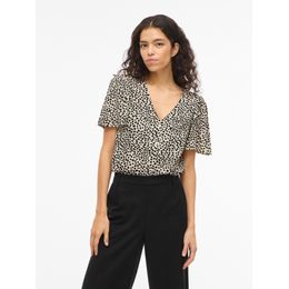 Hemdbluse Vila "VIGRACE V-NECK S/S SHIRT - NOOS", Damen, Gr. 42, sandshell aop:dot schwarz beauty, Obermaterial: 100% Viskose, bedruckt, regular fit normal, Blusen Hemdbluse
