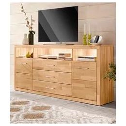 Sideboard OTTO HOME "Ribe,180cm breit, Fronten Massivholz,7 F&auml;cher", beige (kernbuche teilmassiv), B:180cm H:80cm T:35cm, Holz teilmassiv, Sideboards, Sideboard, Holz massiv, Holzwerkstoff, Metall Griffe,2T&uuml;ren,3Schubladen