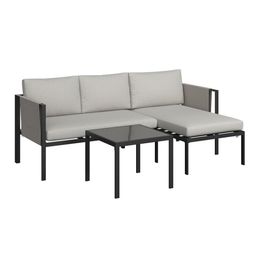 Ambia Garden Loungegarnitur, Grau, Schwarz, Metall, Glas, Textil, 3-teilig, F&uuml;llung: Schaumstoff,Polyester, Ottomane rechts, L-Form, 191.5x120 cm, Tisch mit Glasplatte, Loungem&ouml;bel, Gartenlounge-Sets