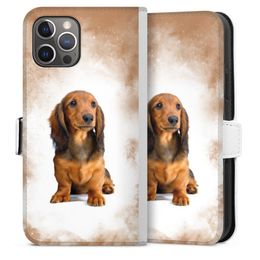 DeinDesign iPhone 12 Pro Handy Klapph&uuml;lle Handyh&uuml;lle aus Kunst Leder wei&szlig; Flip Case Pet Dachshund Dog Sideflip mit Lasche