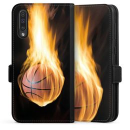 DeinDesign Galaxy A50 Handy Klapph&uuml;lle Handyh&uuml;lle aus Kunst Leder schwarz Flip Case Sports Basketball Fire Sideflip mit Lasche