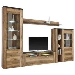 Wohnwand OTTO HOME "Larona, Anbauwand, Set 4 Teilig", braun (satin nussbaumfarben, schwarzwood), B:305cm, Kastenm&ouml;bel-Sets, Wohnwand, bestehend aus 1 TV-Board, 1 Highboard, 1 Vitrine, 1 Wandregal