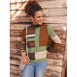 WITT Damen Jacquard-Pullover mit Stehkragen, schoko-sand-geringelt, Gr&ouml;&szlig;e 40