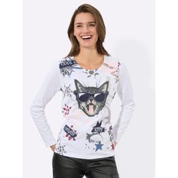 WITT Damen Langarmshirt mit Katzen-Motiv, marine-wei&szlig;-bedruckt, Gr&ouml;&szlig;e 38