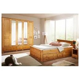 Schlafzimmer-Set OTTO HOME "Hugo", beige (natur ge&ouml;lt), B/H: 180cm x 200cm, Schlafzimmerm&ouml;bel-Sets, Bett 180x200 cm, 5-trg Kleiderschrank und 2 Nachttische