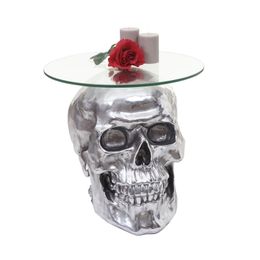 Beistelltisch Totenkopf MCW-A19, Polyresin Glastisch Wohnzimmertisch, silber 52x55x55cm