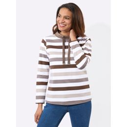 WITT Damen Sweatshirt mit halsfernem Stehkragen, sesam-dunkeltaupe-geringelt, Gr&ouml;&szlig;e 40