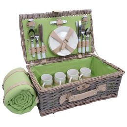 Picknickkorb-Set MCW-B24 f&uuml;r 4 Personen, Weiden-Korb, Porzellan Edelstahl ~ grau-gr&uuml;n