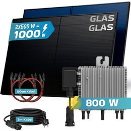 SUNNIVA&reg; 1000W Balkonkraftwerk BIFAZIAL FULLBLACK komplett Steckdose DEYE 800W Wechselrichter, PV Solaranlage, 2x 500W Glas Solarmodule, inkl. 5m Kabel, Bluetooth WIFI, Komplettset