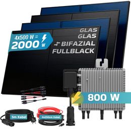 SUNNIVA&reg; 2000W Balkonkraftwerk BIFAZIAL FULLBLACK komplett Steckdose DEYE 800W Wechselrichter, PV Solaranlage, 4x 500W Glas-Glas Solarmodule, inkl. 5m Kabel, Bluetooth WIFI, Komplettset