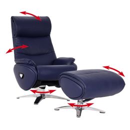 Relaxsessel mit Hocker MCW-K98, Fernsehsessel Sessel, Liegefunktion drehbar, Metall Echtleder/Kunstleder ~ blau