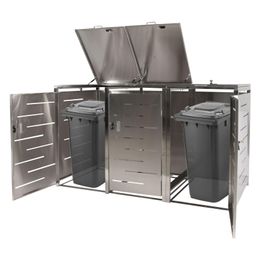 3er-M&uuml;lltonnenverkleidung MCW-E83, M&uuml;lltonnenbox M&uuml;lltonnenabdeckung, erweiterbar 117x197x80cm ~ Edelstahl 68kg
