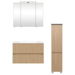 Badm&ouml;bel-Set Welltime "EIXO, Set aus Spiegelschrank, Waschtisch und Midischrank", braun (eiche hell), B:110cm H:200cm T:47cm, Holzwerkstoff, Kastenm&ouml;bel-Sets, Badm&ouml;bel-Set, Set 110 cm breit, Badm&ouml;bel mit LED-Beleuchtung