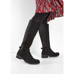 bonprix Weitschaftstiefel aus Leder, schwarz, Gr.42, Zeitloser Weitschaftstiefel aus Leder mit dekorativer Schnalle, aus Veloursleder