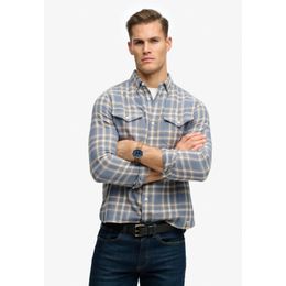 Langarmhemd Superdry "MERCHANT LITE CHECK SHIRT", Damen, Gr. L, N-Gr, flint blau check, Web, Obermaterial: 100% Baumwolle, kariert, regular fit normal, Hemden Langarmhemd