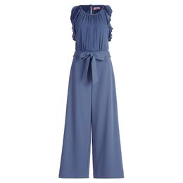 Jumpsuit Vera Mont "Jumpsuit mit Volant", Damen, Gr. 44, EURO, blau (blau stone), Obermaterial: 95% Polyester Pol. recyc.. 5% Elasthan EL., Overalls Jumpsuit