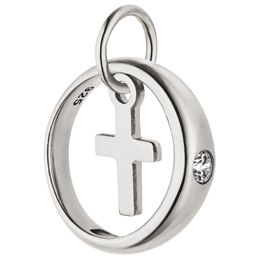 Kettenanh&auml;nger Jobo "Anh&auml;nger Taufring mit Kreuz 11 mm", silber 925, wei&szlig;, Schmuckanh&auml;nger, M&auml;dchen, Silber 925 (Sterlingsilber), Kettenanh&auml;nger, 925 Silber mit 1 Zirkonia