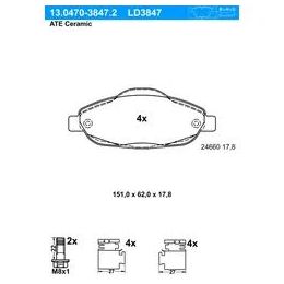ATE Bremsbelagsatz, Scheibenbremse Ceramic 13.0470-3847.2 vorne rechts links mit Zubeh&ouml;r f&uuml;r PEUGEOT 425393 1613259380 425426