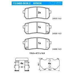 ATE Bremsbelagsatz, Scheibenbremse 13.0460-5636.2 hinten rechts links mit Zubeh&ouml;r f&uuml;r HYUNDAI KIA 58302-C5A70 58302-4HA50 58302-3JA50