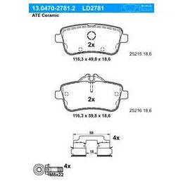 ATE Bremsbelagsatz, Scheibenbremse Ceramic 13.0470-2781.2 hinten rechts links mit Zubeh&ouml;r f&uuml;r MERCEDES-BENZ 0074208220 A0074208320 0074208320