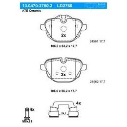 ATE Bremsbelagsatz, Scheibenbremse Ceramic 13.0470-2760.2 hinten rechts links mit Zubeh&ouml;r f&uuml;r BMW 34216788284 34216870558 34216892641