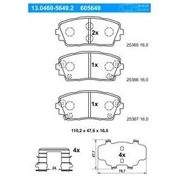 ATE Bremsbelagsatz, Scheibenbremse 13.0460-5649.2 vorne rechts links mit Zubeh&ouml;r f&uuml;r HYUNDAI KIA 58101-1YA40 58101-1YA00 58101-1YA30