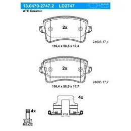 ATE Bremsbelagsatz, Scheibenbremse Ceramic 13.0470-2747.2 hinten rechts links mit Zubeh&ouml;r f&uuml;r VAG 8K0698451B 8K0698451C 8K0698451A
