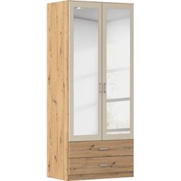 Kleiderschrank Rauch "Schrank Garderobe Ankleide GAMMA Breiten 91/136/181/226/271/315/360 cm", eiche artisan, beige (champagner), griffe alu, B:91cm H:210cm T:54cm, Holzwerkstoff, Schr&auml;nke, Kleiderschrank, verschiedene Griff-Varianten, mit Spiegel TOPSELLER MADE IN GERMANY, Topseller