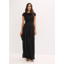 bonprix Overall mit Spitze und Chiffon-Einsatz, schwarz, Gr.54, Modern und feminin: Overall mit Spitze im Oberteil und einem langem Chiffon-Cape an der Taille