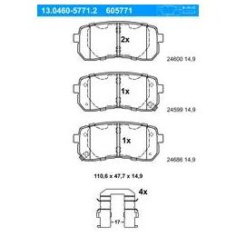 ATE Bremsbelagsatz, Scheibenbremse 13.0460-5771.2 hinten rechts links mit Zubeh&ouml;r f&uuml;r HYUNDAI KIA 58302-3JA00 58302-4DE00