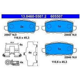 ATE Bremsbelagsatz, Scheibenbremse 13.0460-5507.2 hinten rechts links mit Zubeh&ouml;r f&uuml;r HONDA 43022-T8M-G01 43022-T8M-G00