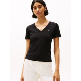 Tommy Hilfiger Damen T-Shirt "CODY V-NECK SHORT SLEEVE", schwarz, Gr. M, unifarben, Jersey, Obermaterial: 100% Baumwolle, Shirts, mit V-Ausschnitt,