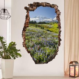 Bilderwelten Wandtattoo Blumen modern 3D-Effekt gr&uuml;n - Bergwiese mit roten Blumen vor Mt. Rainier Wanddurchbruch - Landschaft Wohnzimmer Schlafzimmer